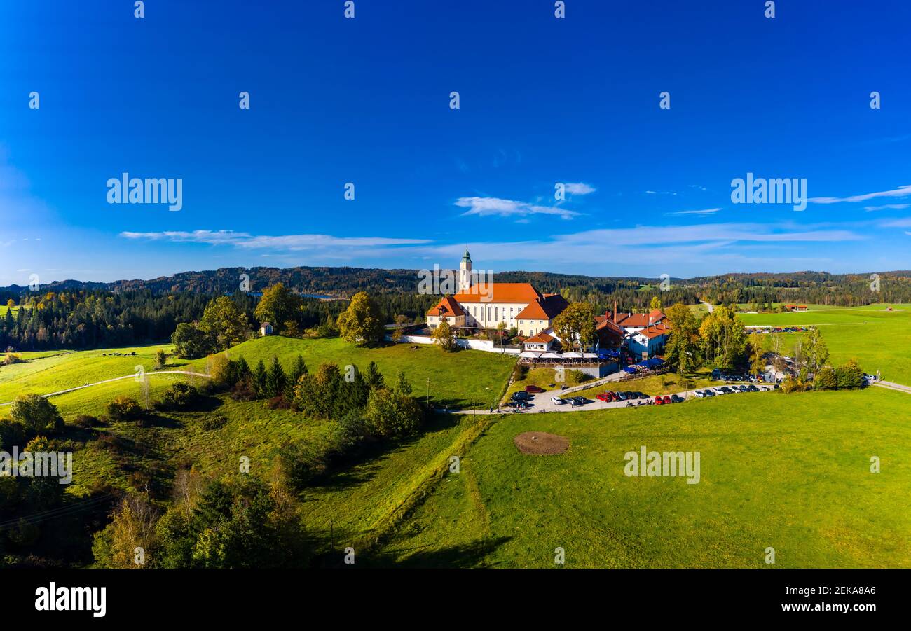 Germany,Bavaria, Sachsenkam, Aerial view of Reutberg monastery in ...