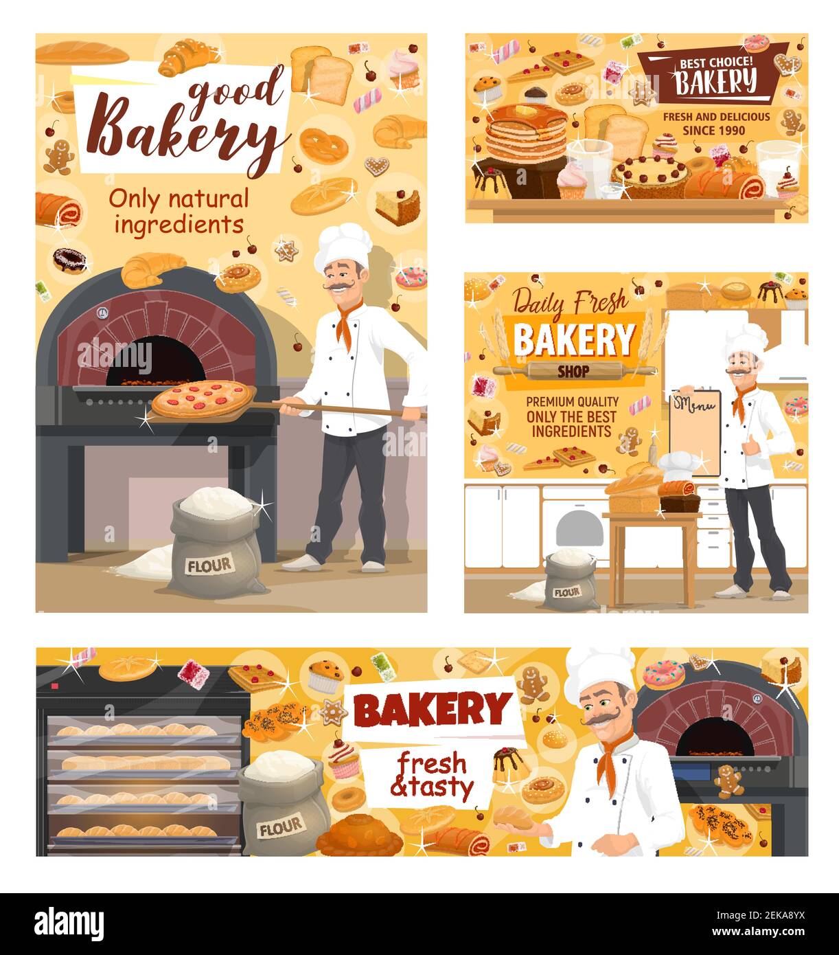 Baker baking bread, pizza and pastry cakes in bakery shop. Vector baker ...