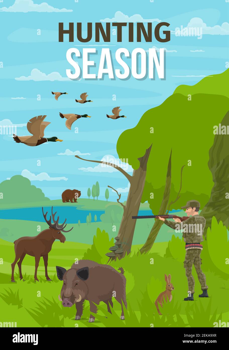 Hunting club open season, Hunter with rifle on forest hunt for wild ...