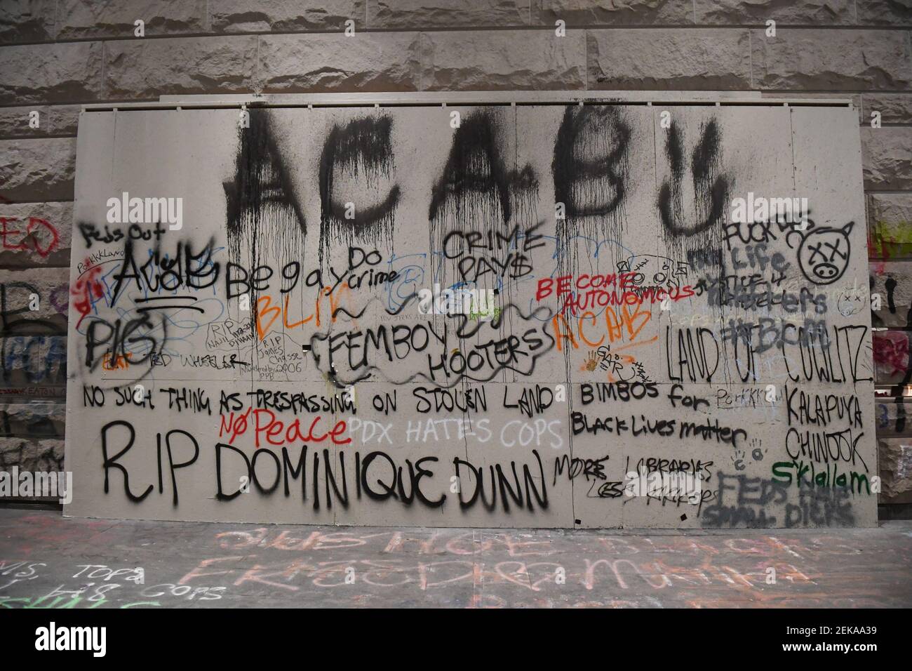 Graffiti on the walls of the Justice Center on July 20, 2020. Marking ...