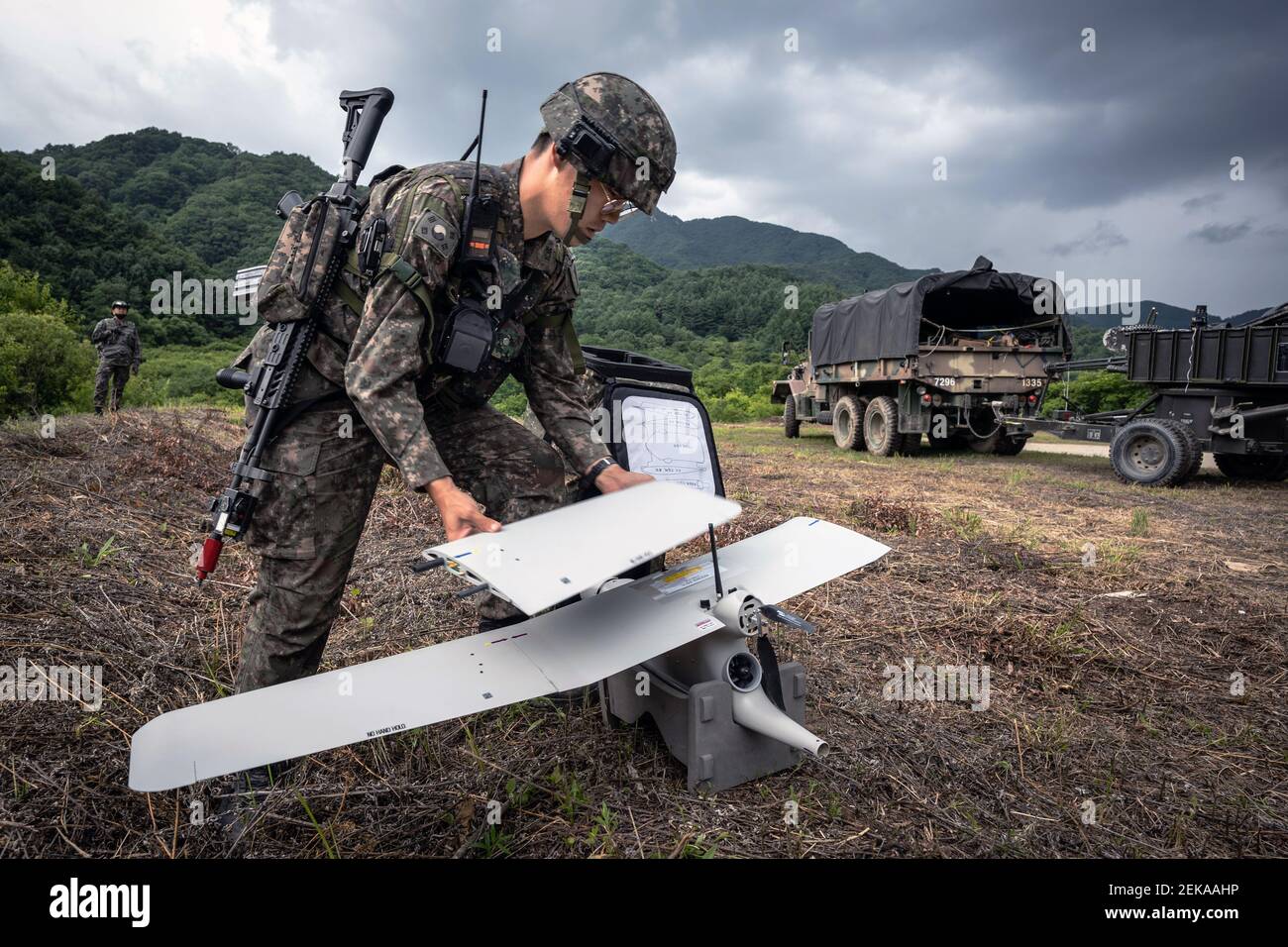 Inje, South Korea - July 17, 2020: ROK (Republic of Korea) Army soldiers participate war game at ...