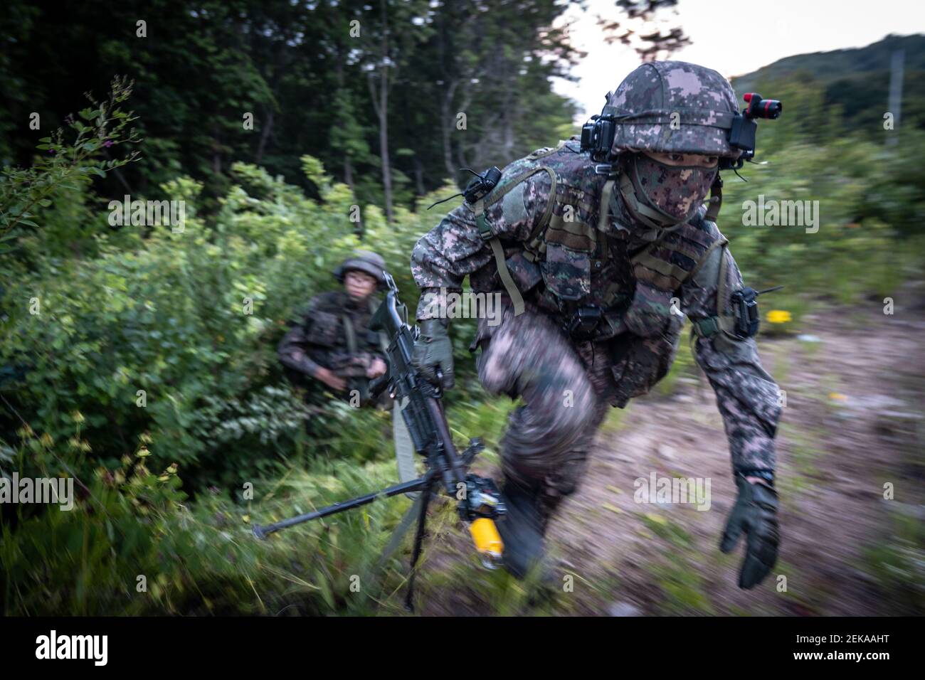 Inje, South Korea - July 17, 2020: ROK (Republic of Korea) Army soldiers participate war game at ...