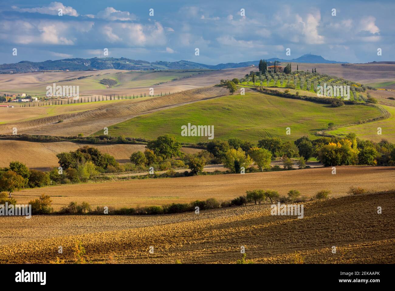 Aerial view of beautiful countryside valley - hills, trees, fields ...