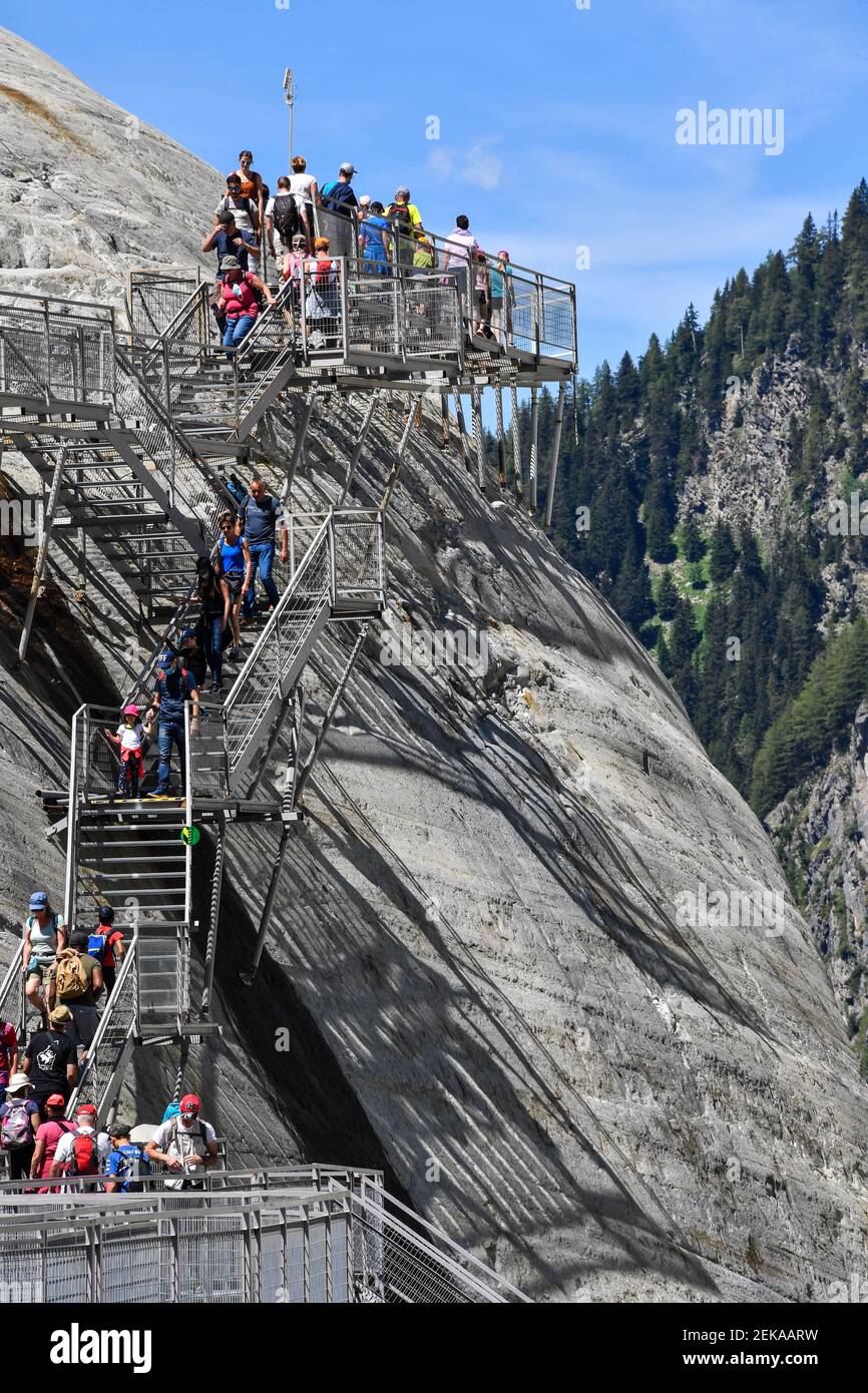 The Mer de Glace in the Chamonix Valley, with the little Montenvers cog ...