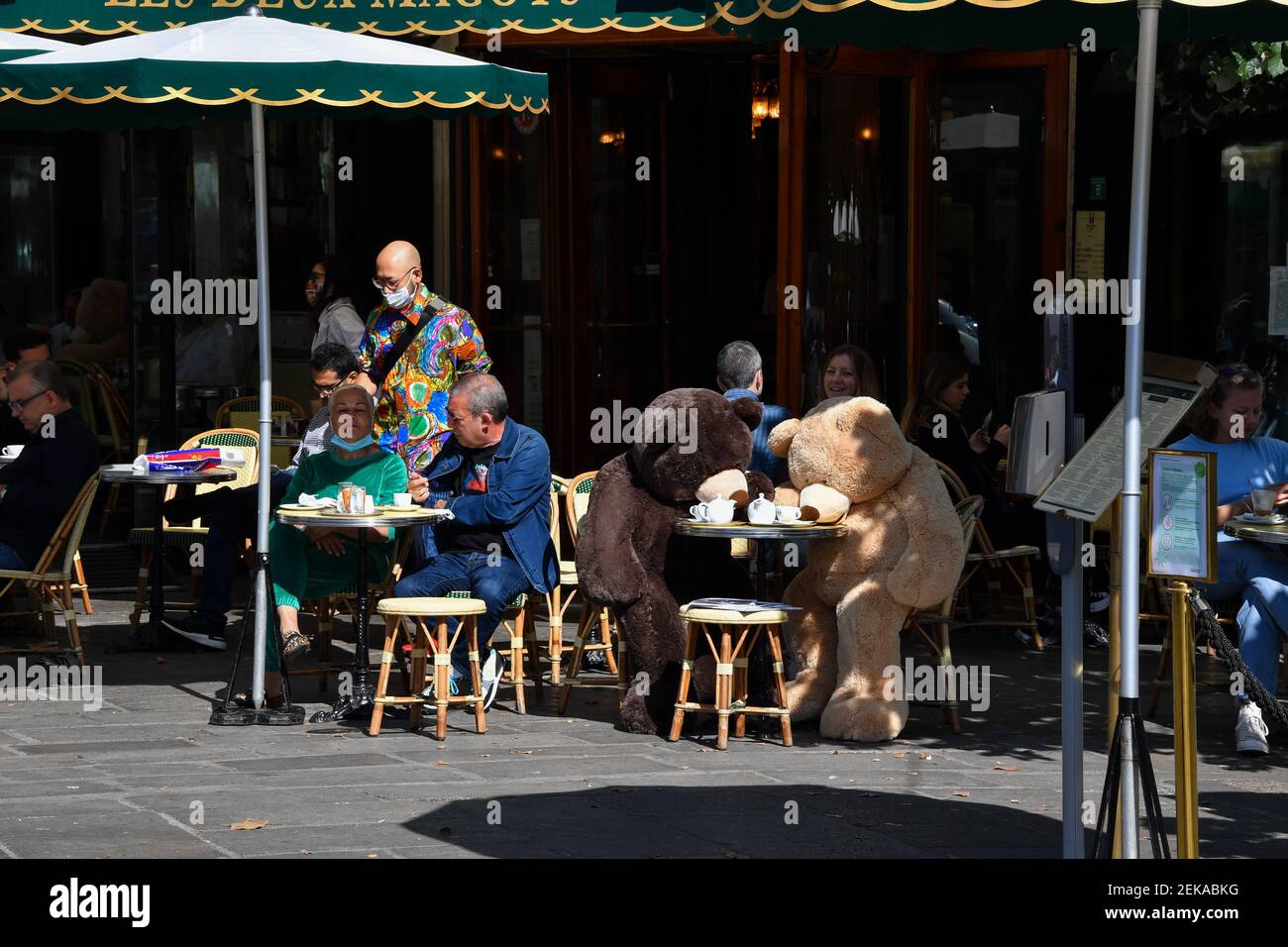 Teddy bears at the bar Les Deux Magots in Paris, France on July 18 ...