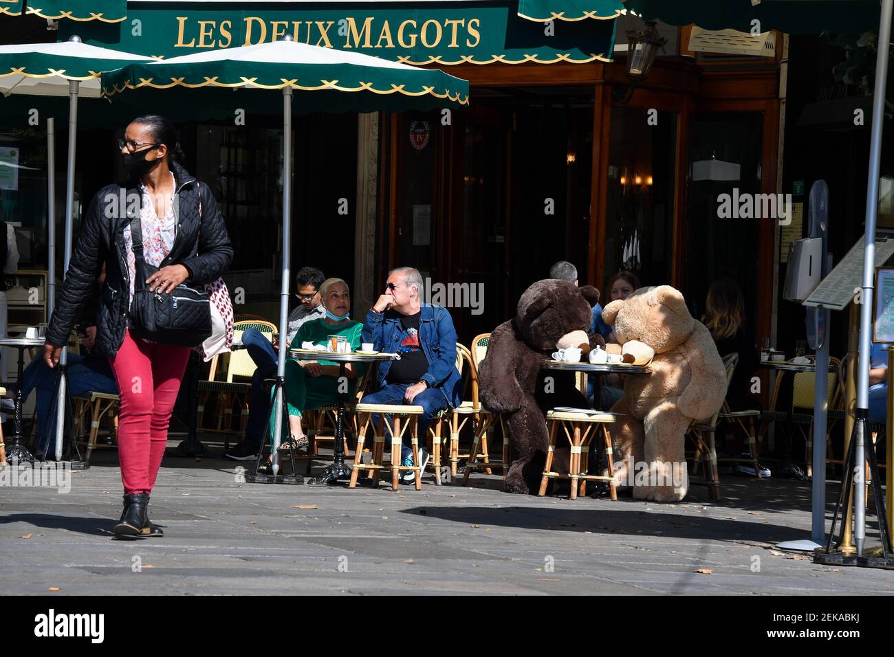 Teddy bears at the bar Les Deux Magots in Paris, France on July 18 ...