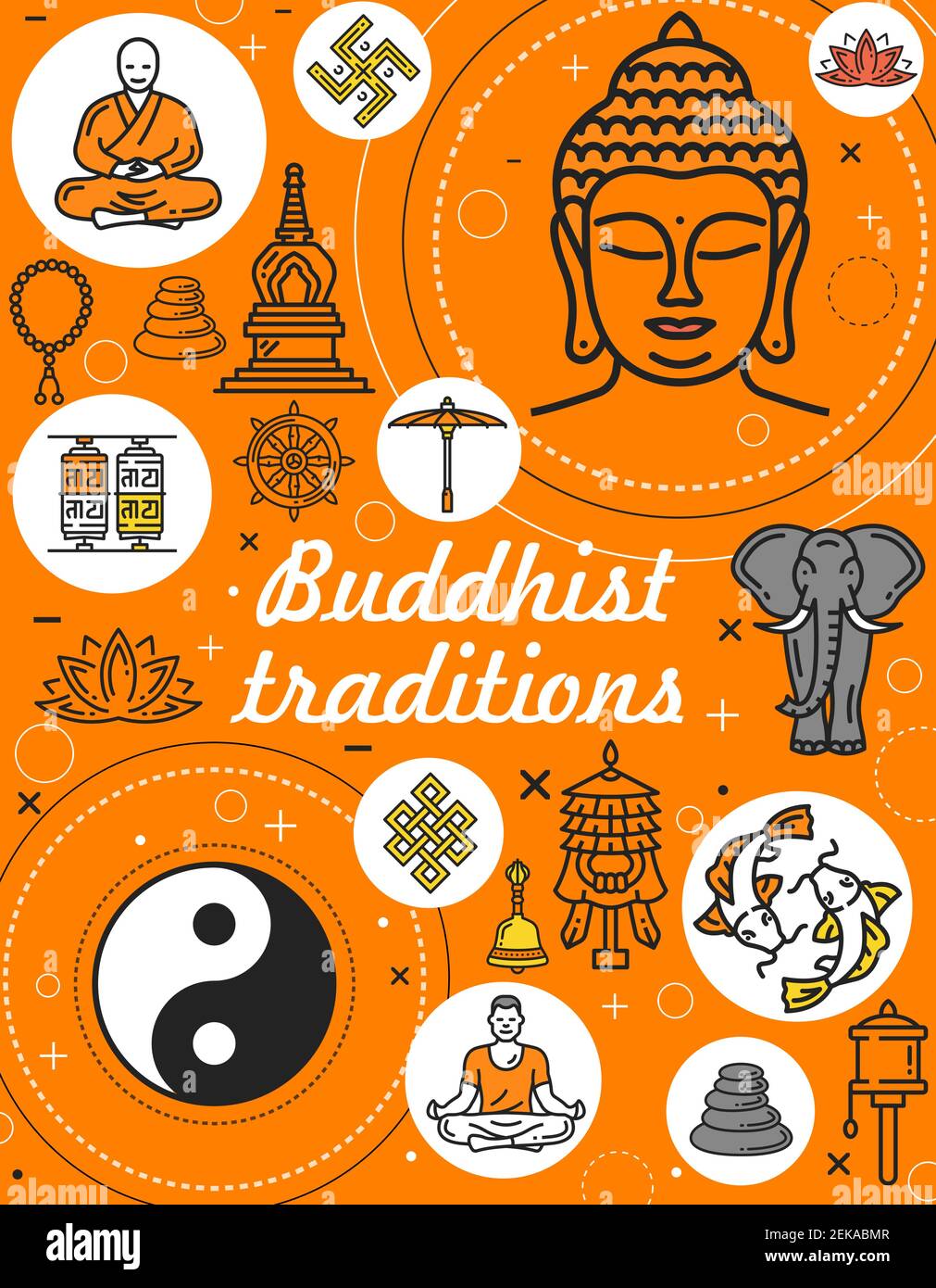 Buddhism religion and Buddhist meditation tradition symbols. Vector ...