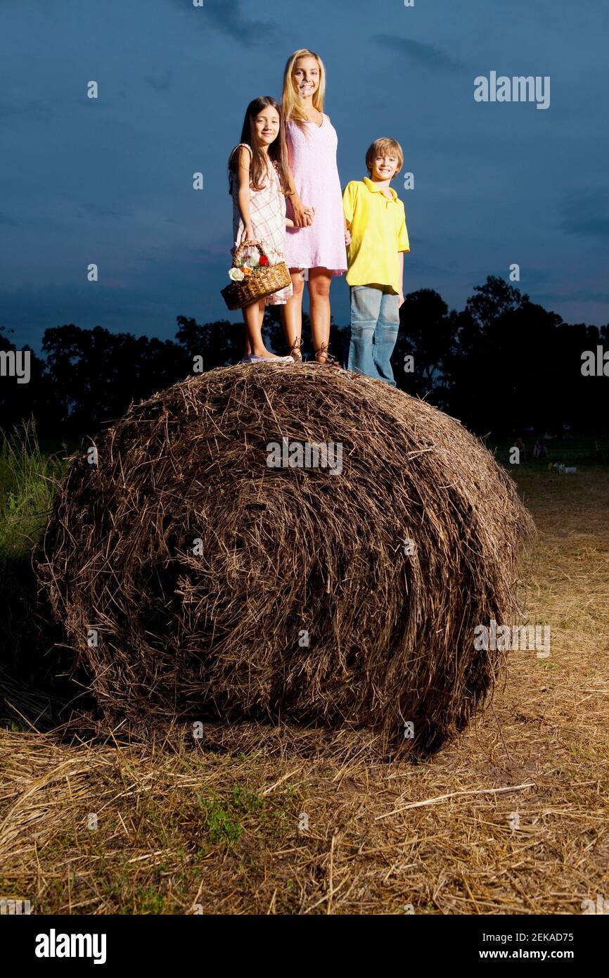 Woman standing with her two children on a haystack Stock Photo - Alamy