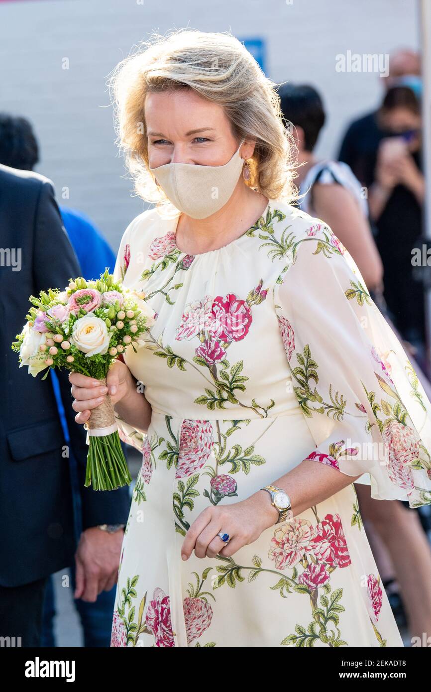 Queen Mathilde of Belgium visiting the elderly at Cecilia residential ...