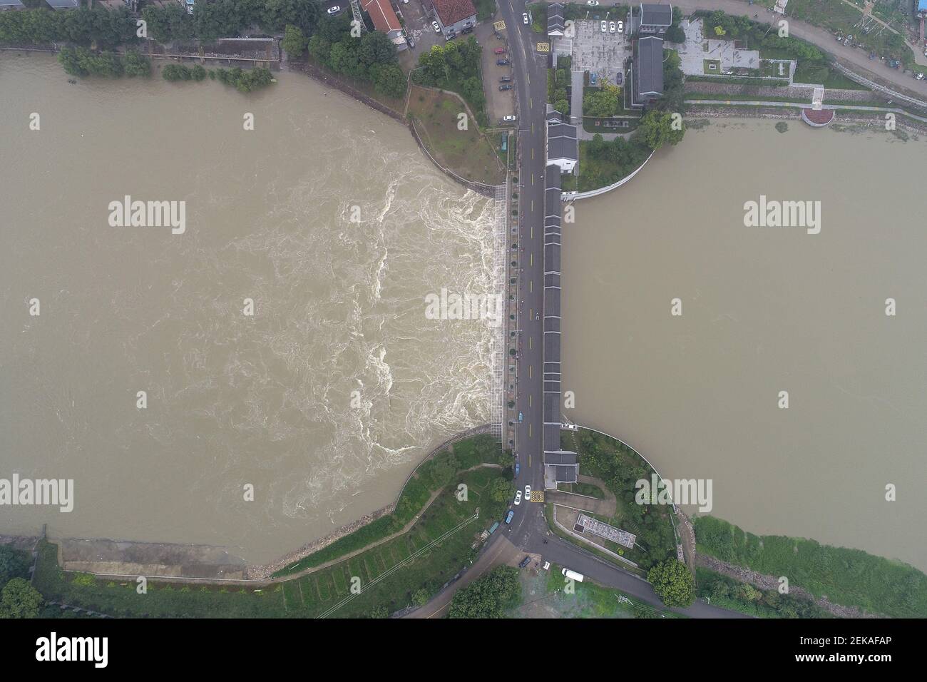 An aerial view of floodgates of a dam on the Hongze lake discharging ...