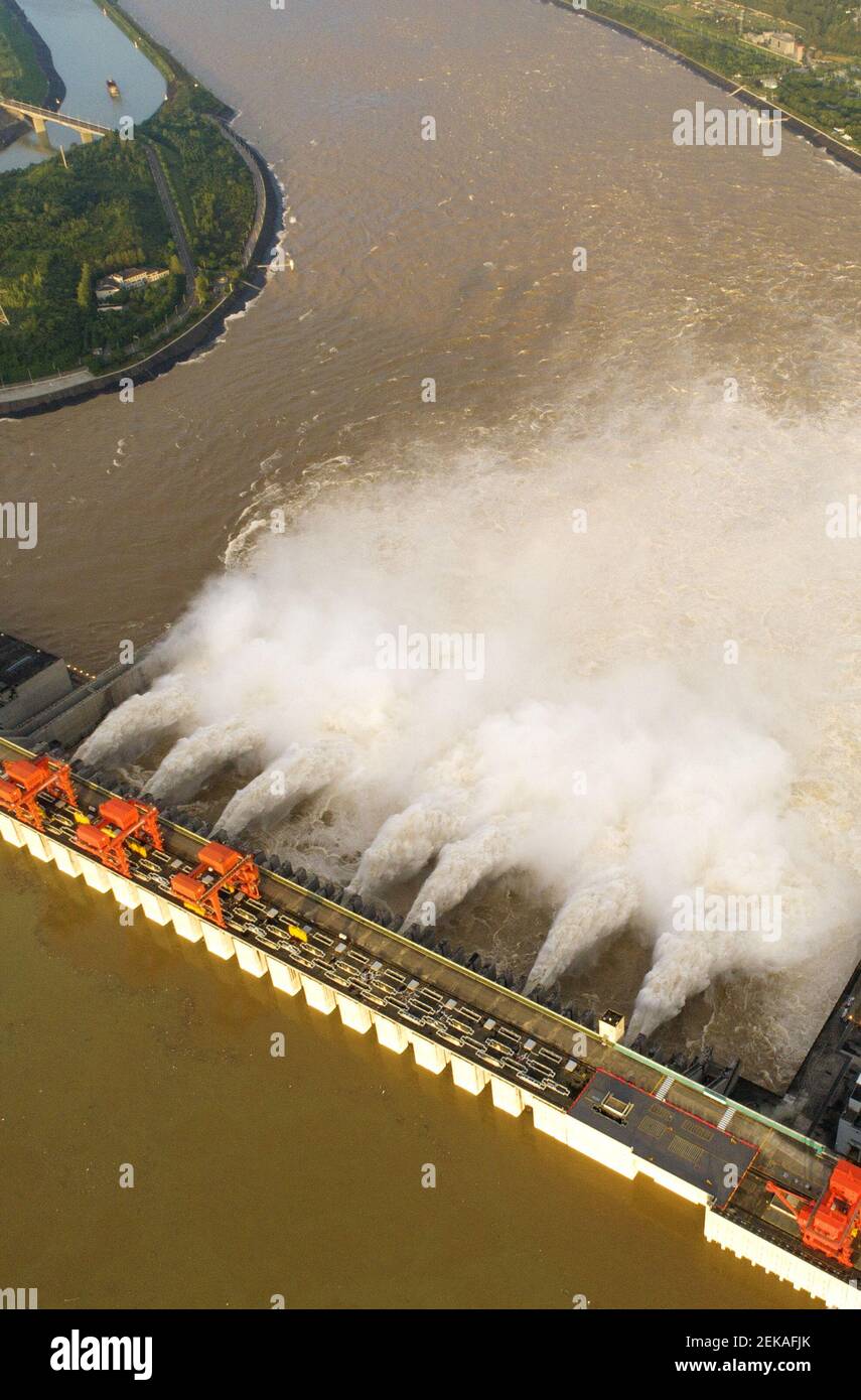 An aerial view of the Three Gorges Dam opens floodgate to discharge the ...