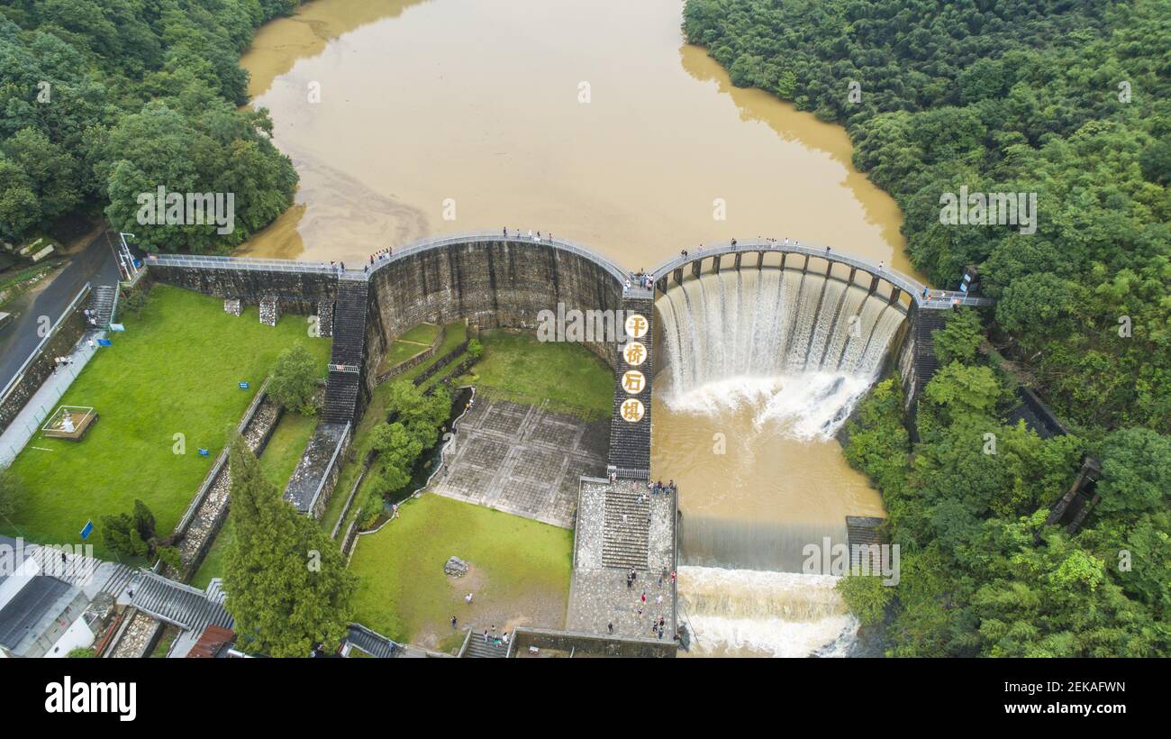 Aerial view of Pingqiao Stone Dam discharging water in Changzhou city ...