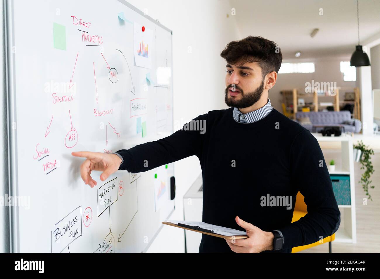 Businessman having presentation in office, pointing at whiteboard Stock ...