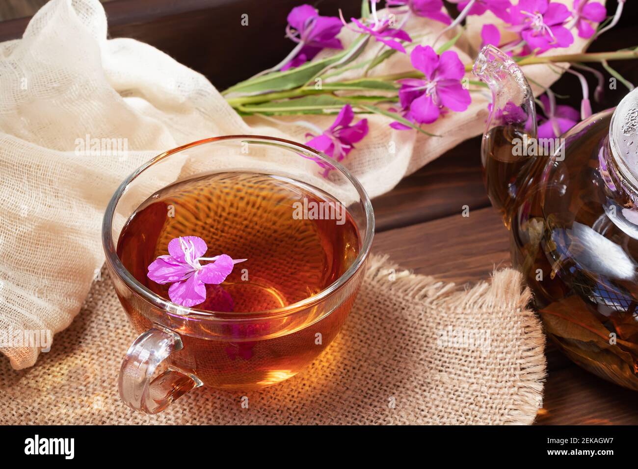 Herbal tea made from fireweed known as blooming sally in teapot and cup ...