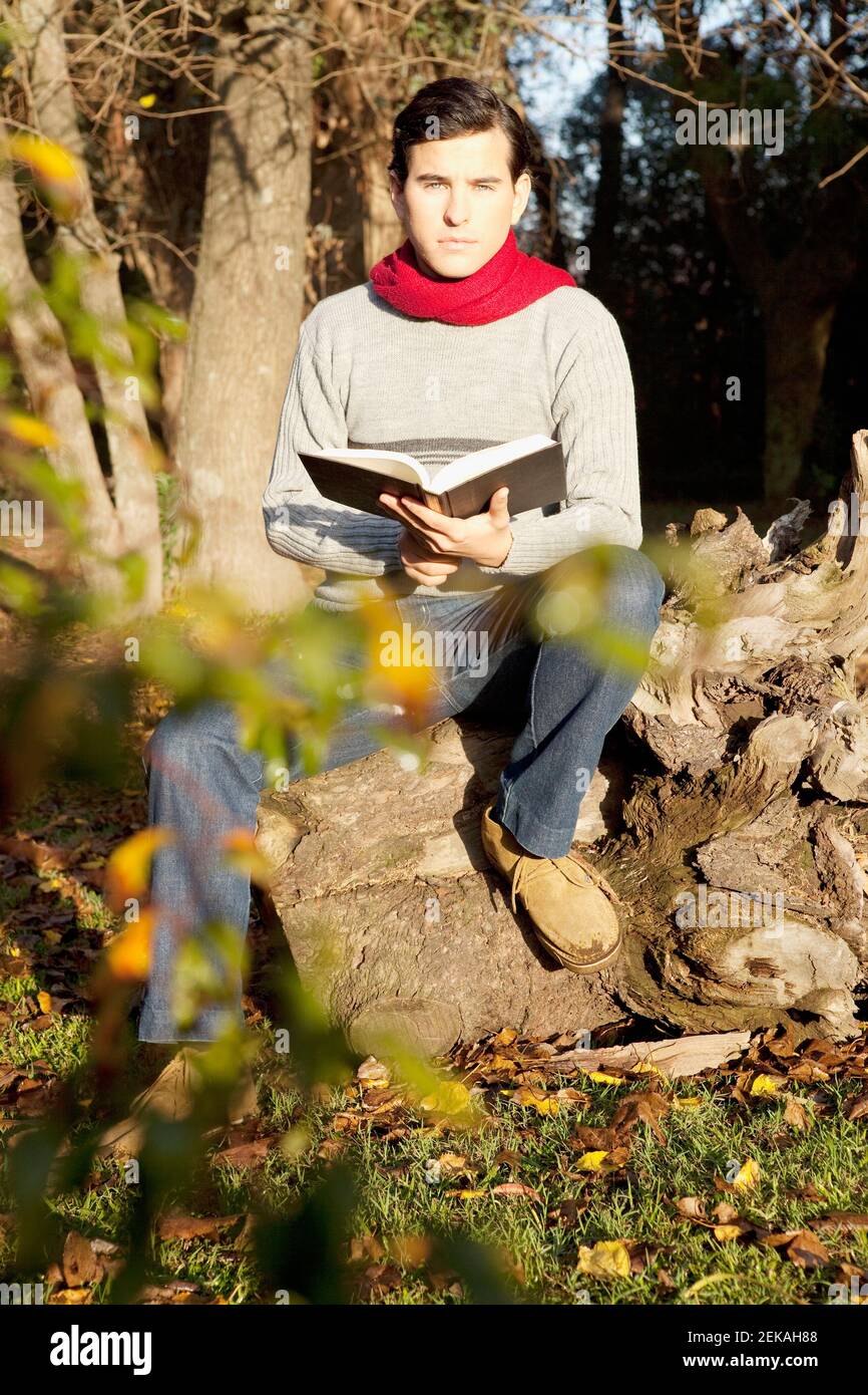 Man reading book in a forest Stock Photo - Alamy