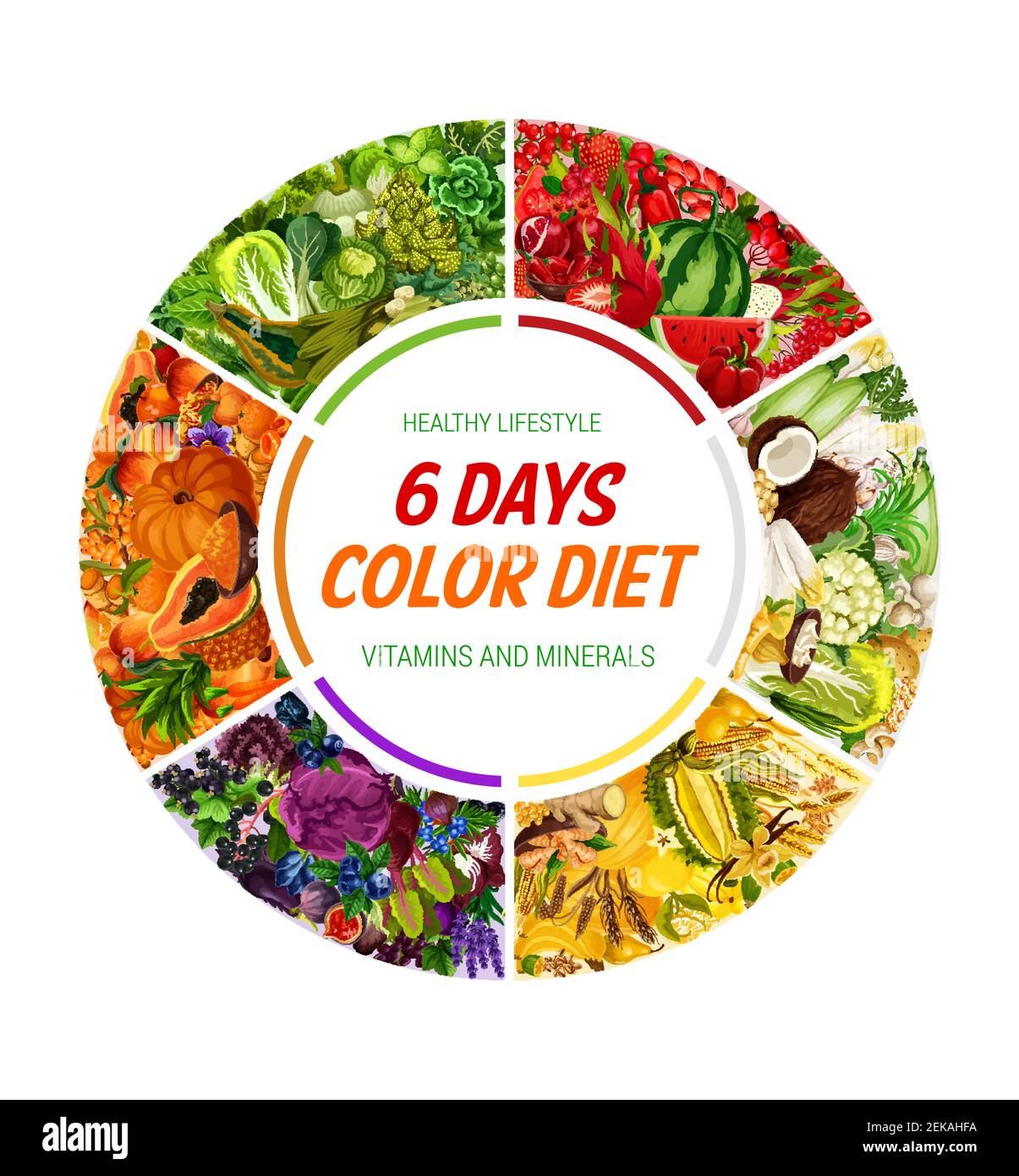 Color diet, healthy food eating organic vegetables and fruits. Vector ...
