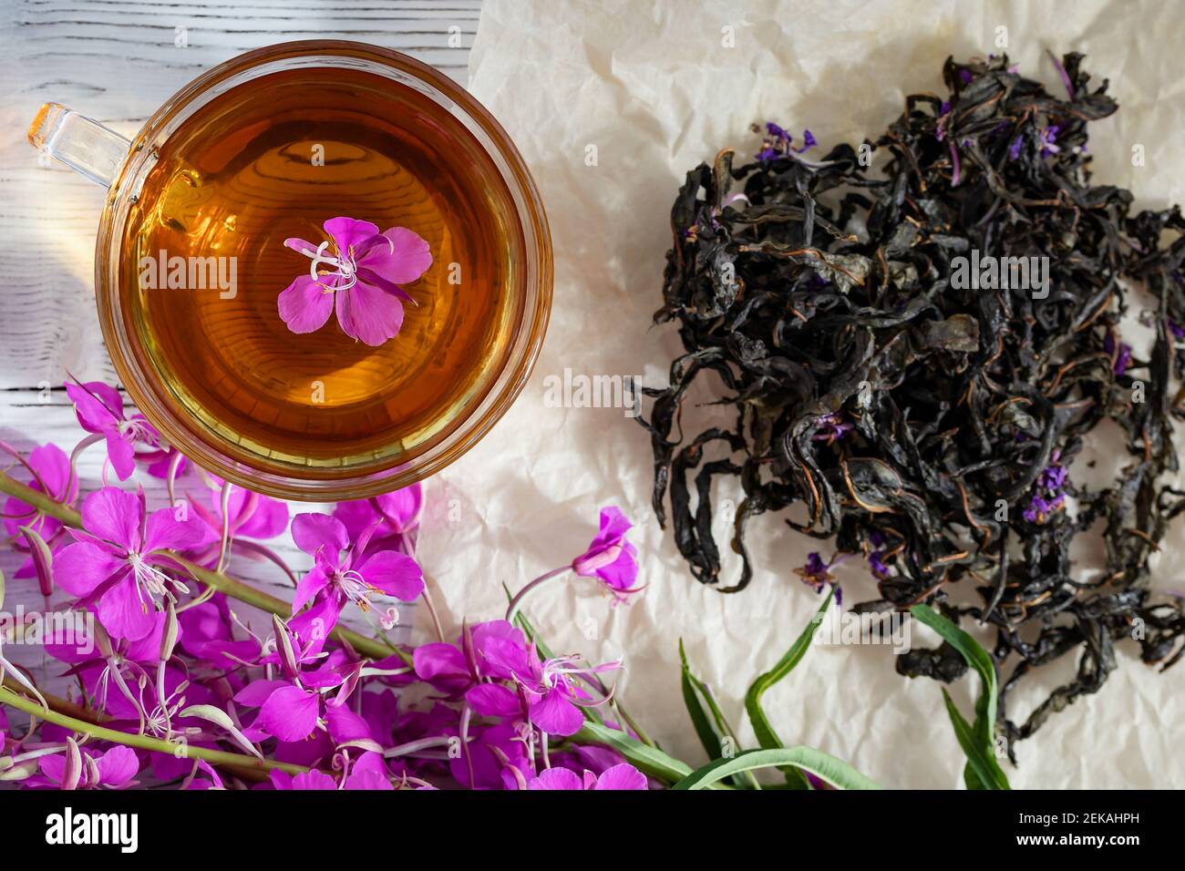 Herbal tea made from fireweed known as blooming sally in cup, top view ...
