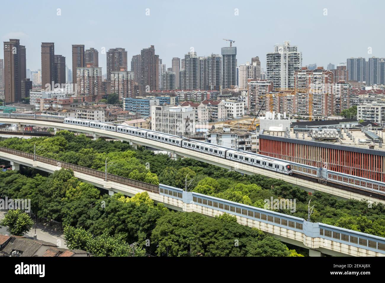 SHANGHAI, CHINA - JULY 22, 2020 - The light rail train passes on the ...