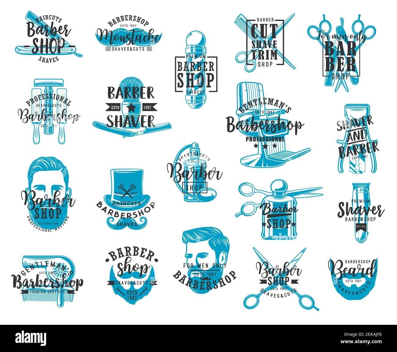 Barbershop lettering icons, mustaches and beard shaving salon signs ...