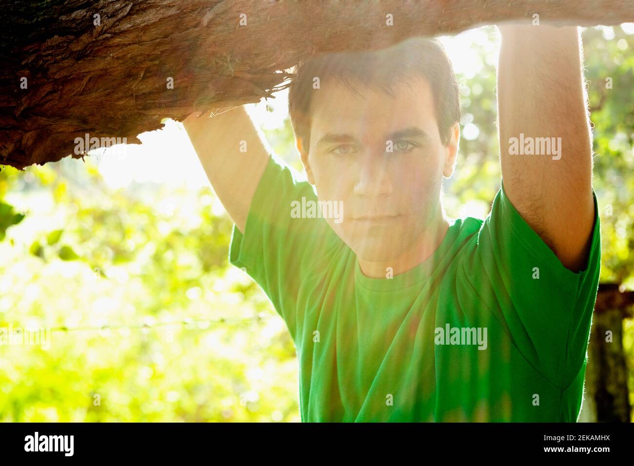 Man leaning on a tree branch Stock Photo - Alamy