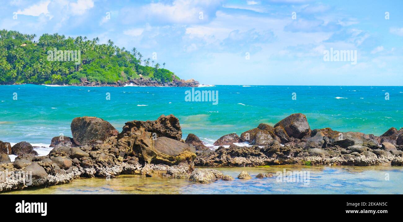 Beach tropical ocean with coral, palm trees and lagoon. Wide photo ...