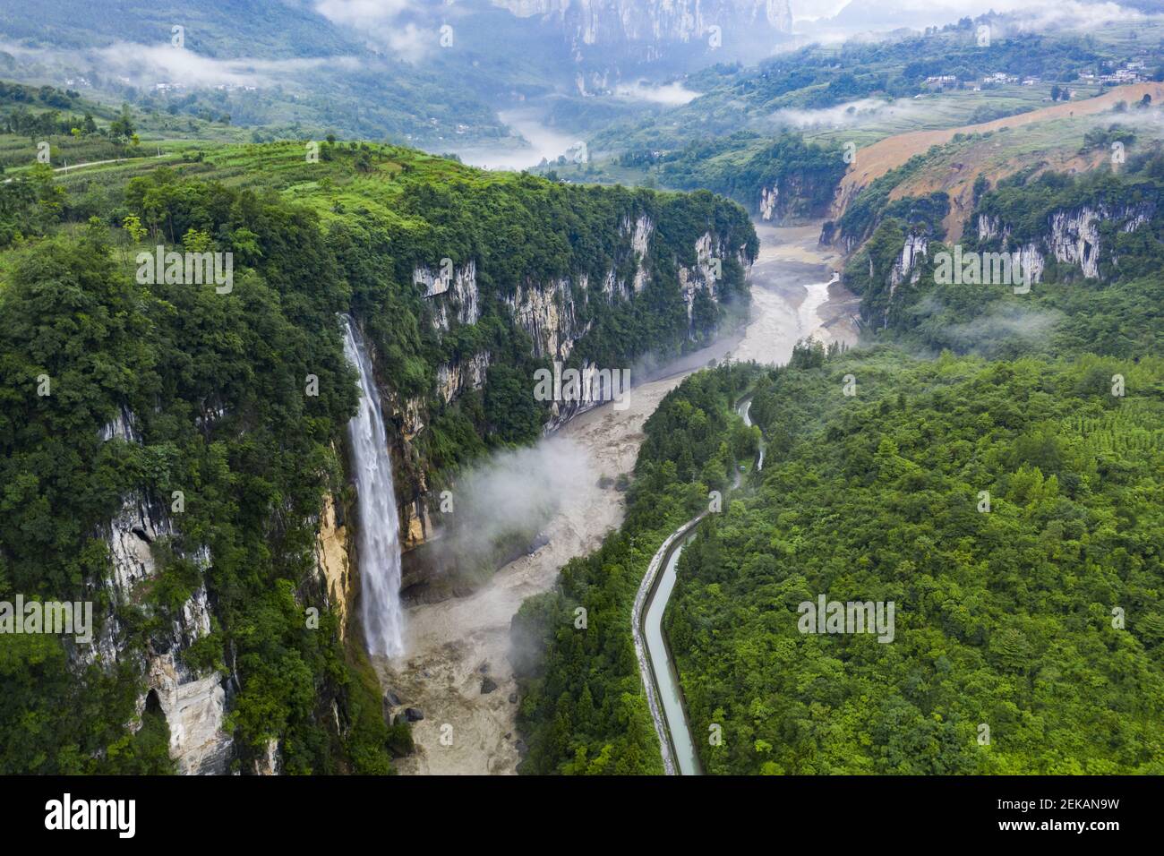 Aerial view of Qingjiang River turning into yellow due to landslide ...