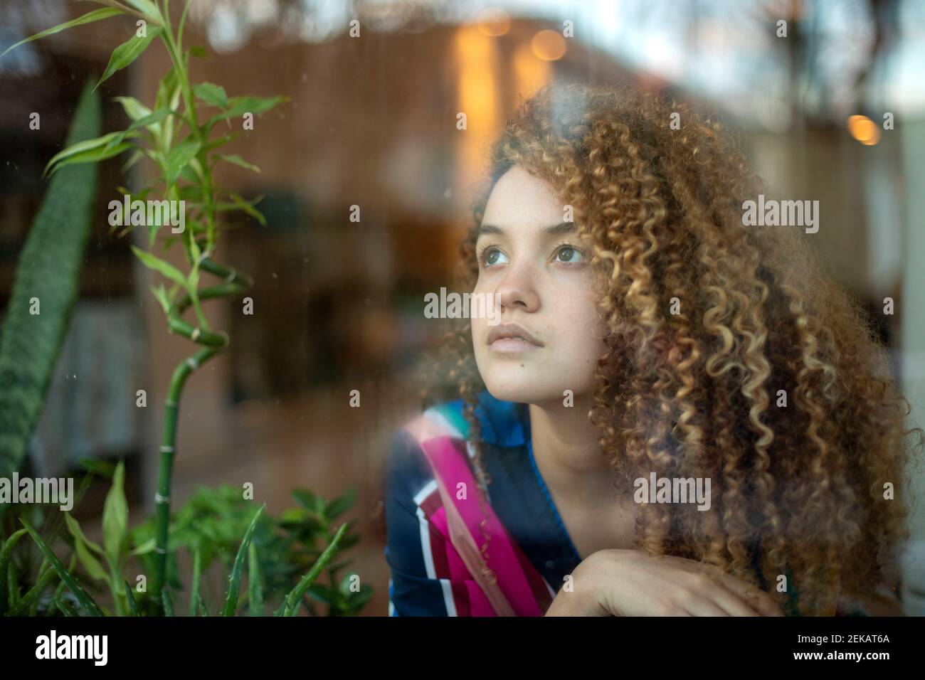 Contemplating young woman looking through window Stock Photo - Alamy