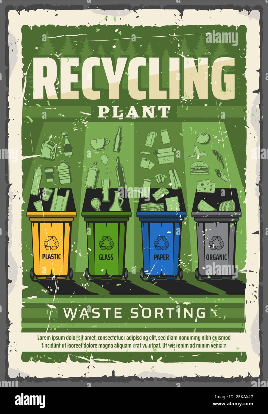 Wastes sorting and garbage recycling plant poster. Vector waste bins ... Wastes sorting and garbage recycling plant poster. Vector waste bins ...