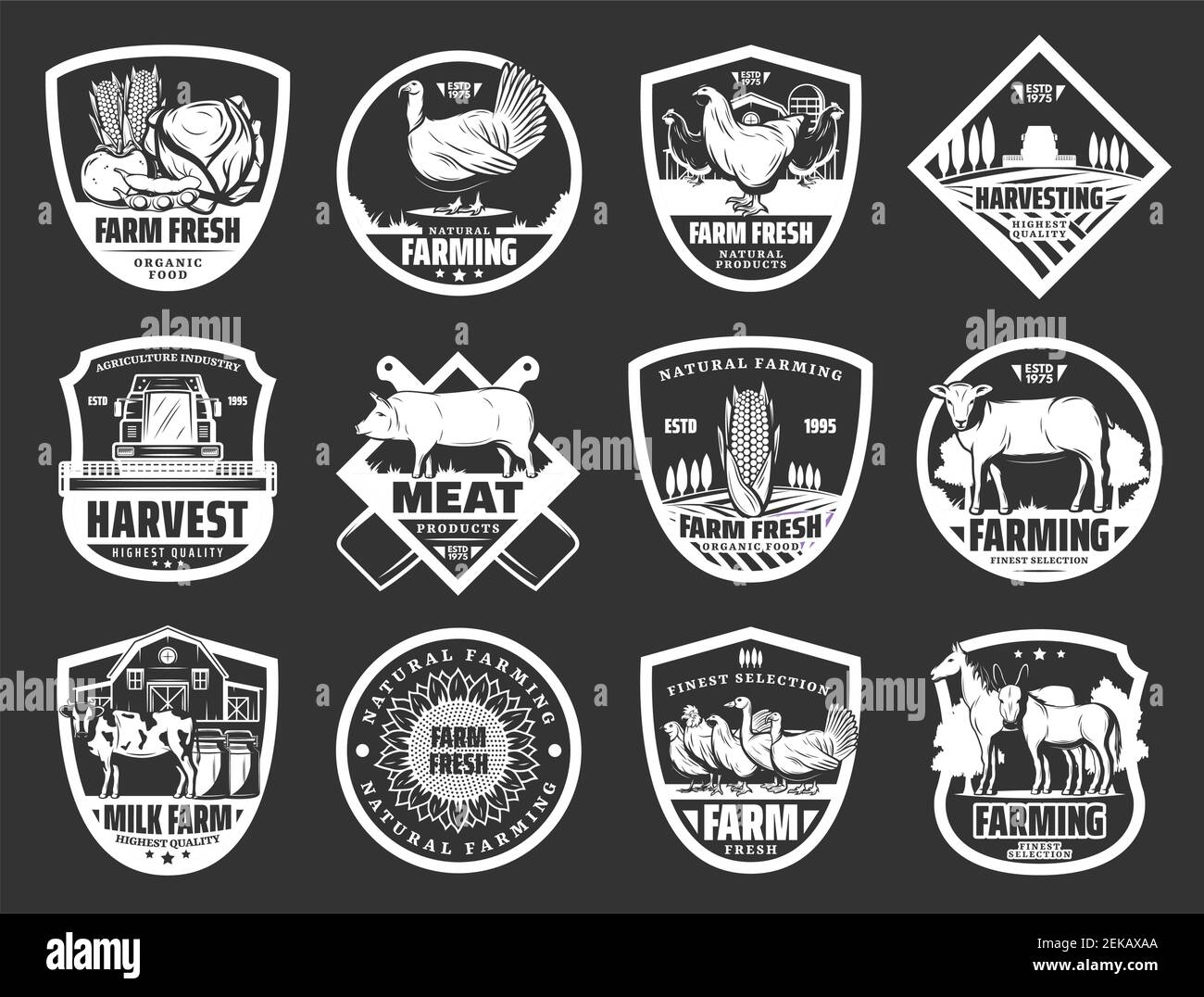 Farm icons and farming food production company signs. Vector cattle ...