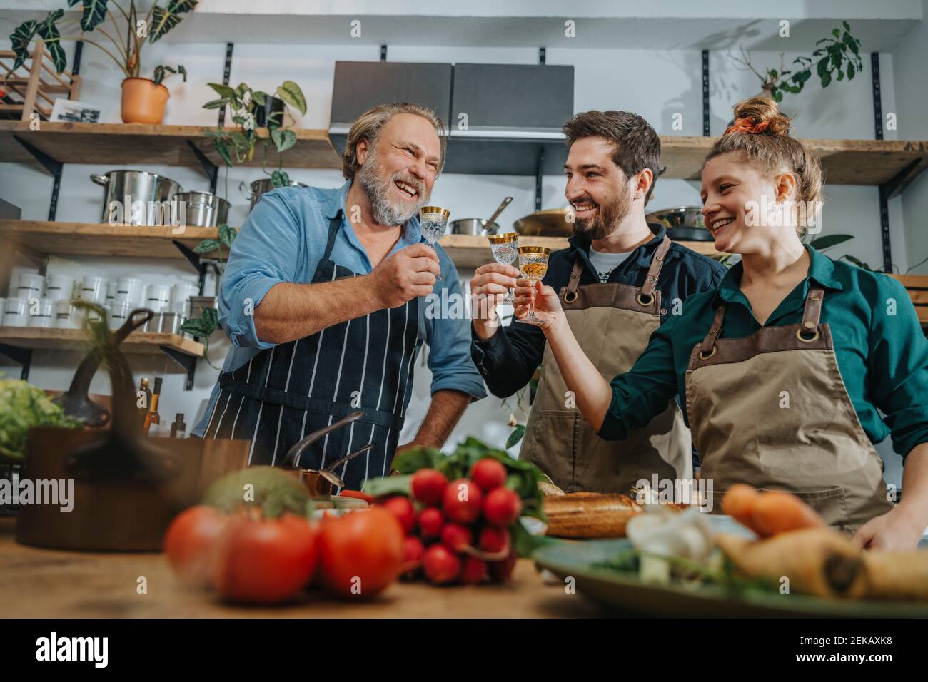 Smiling chefs toasting drinks while standing in kitchen Stock Photo - Alamy