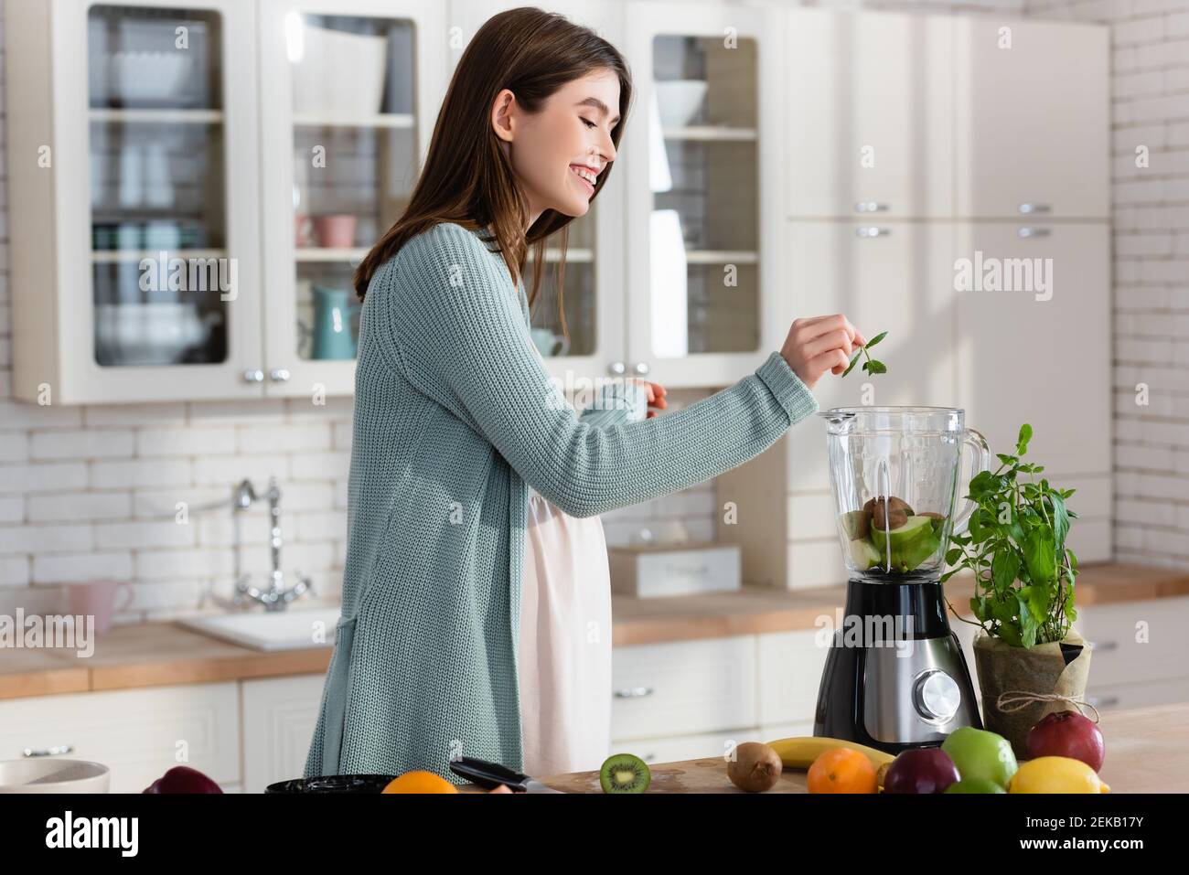 young pregnant woman adding mint leaves in blender while preparing ...