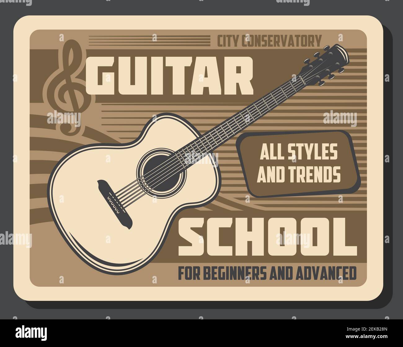 Guitar playing school for beginners and advanced skills. Vector retro ...
