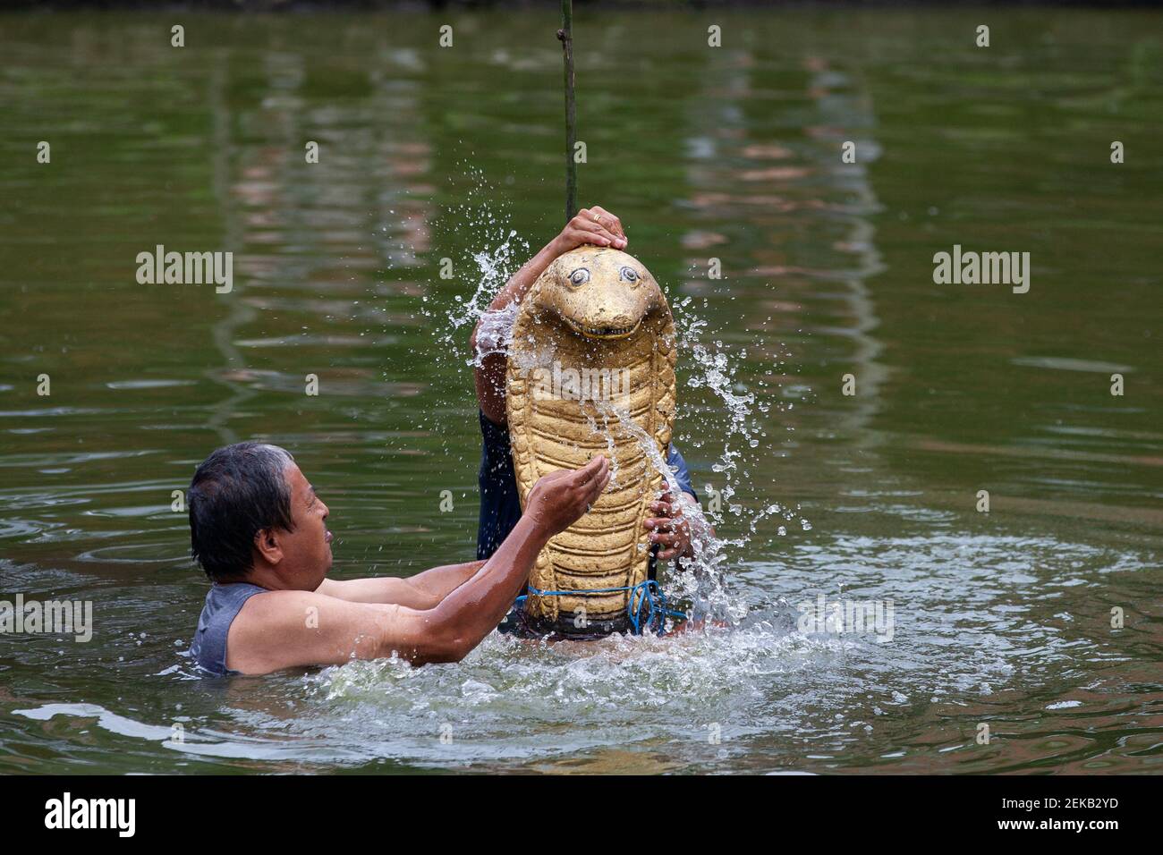 A devotee splashes water on the idol of Snake deity on the occasion of ...