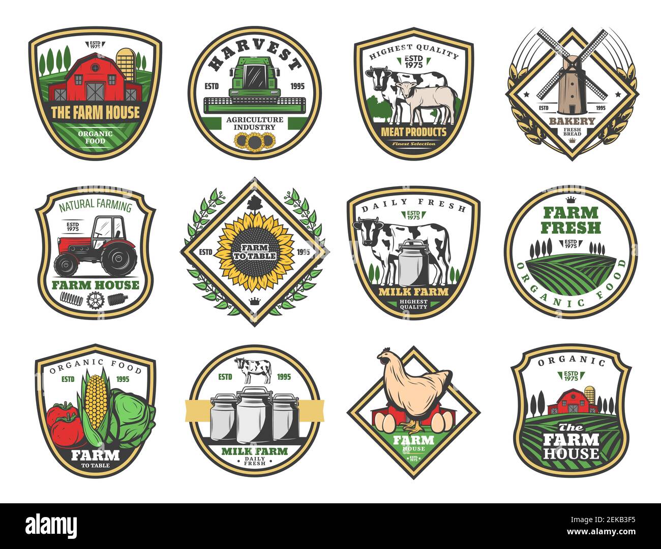 Farmhouse agriculture and cattle farm food production icons. Vector cow ...