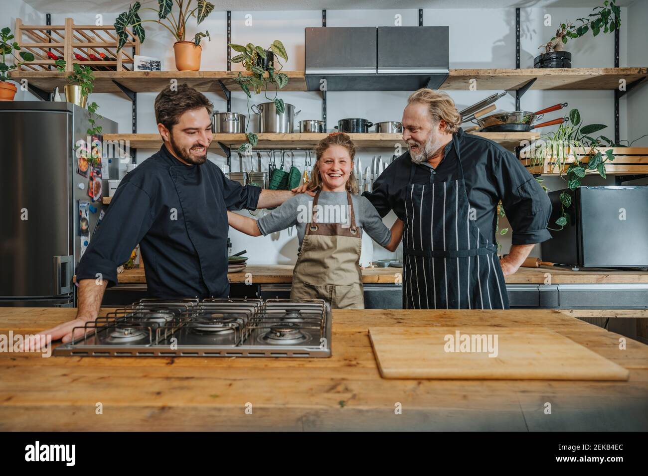 Happy chefs standing with arm around each other in kitchen Stock Photo ...