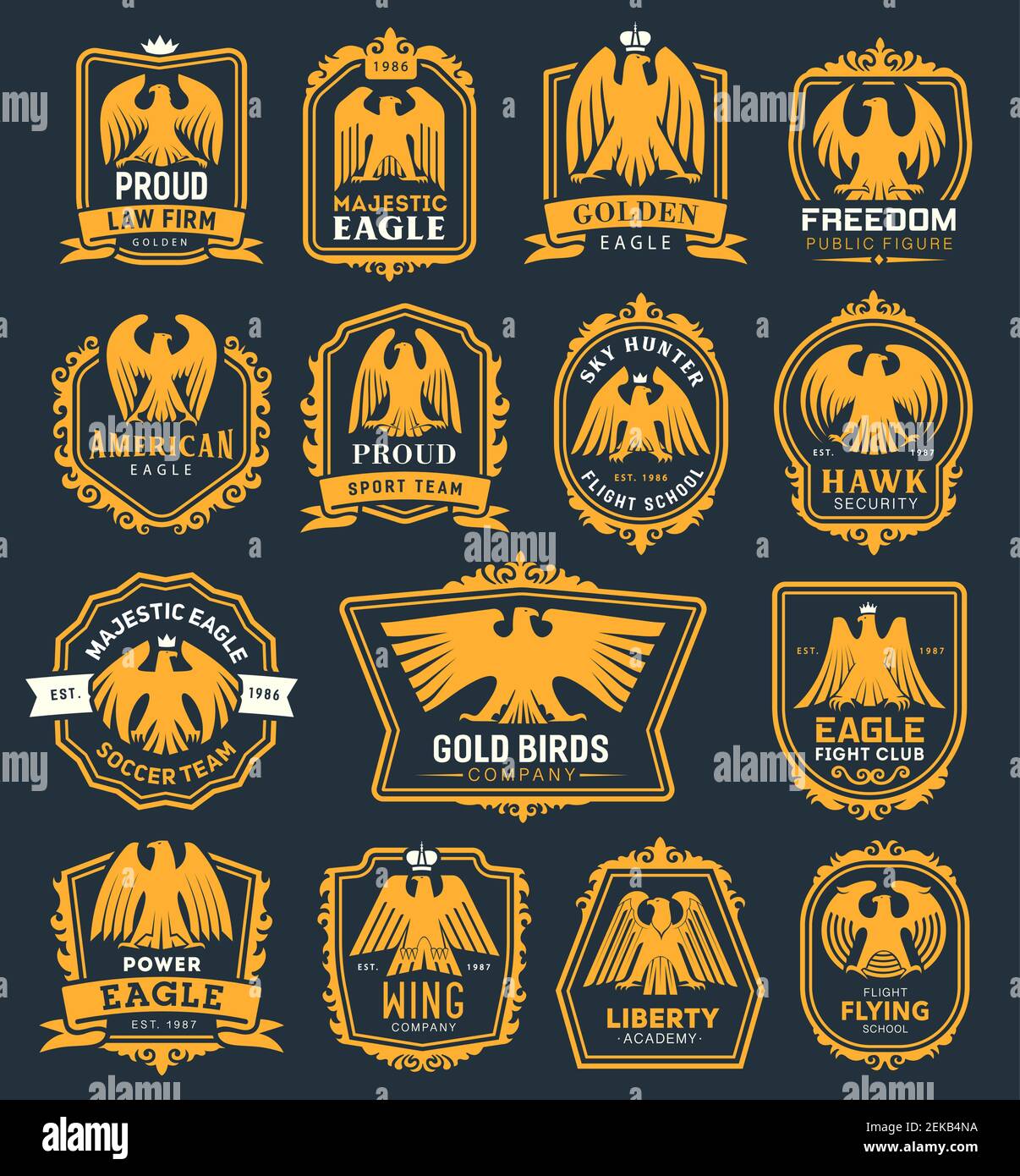 Heraldic golden eagle icons, heraldry hawk bird with crown and ribbon ...