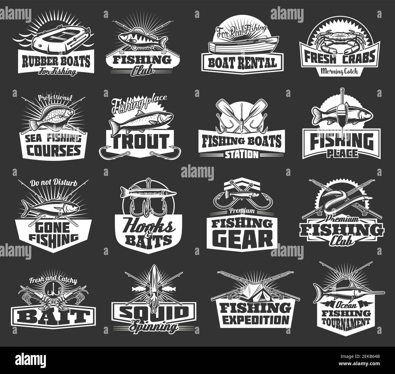 Big fish catch adventure icons and fishing club badges. Vector ...