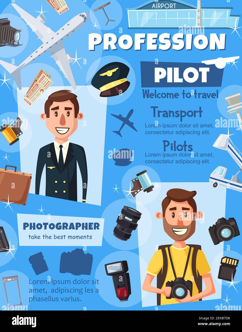 Pilot and photographer professions, aviation and photography industry ...