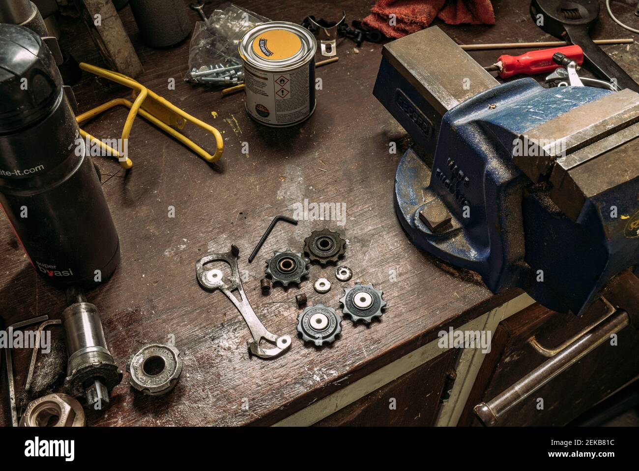Workshop image of cycle maintenance to gear pulley wheels of a ...