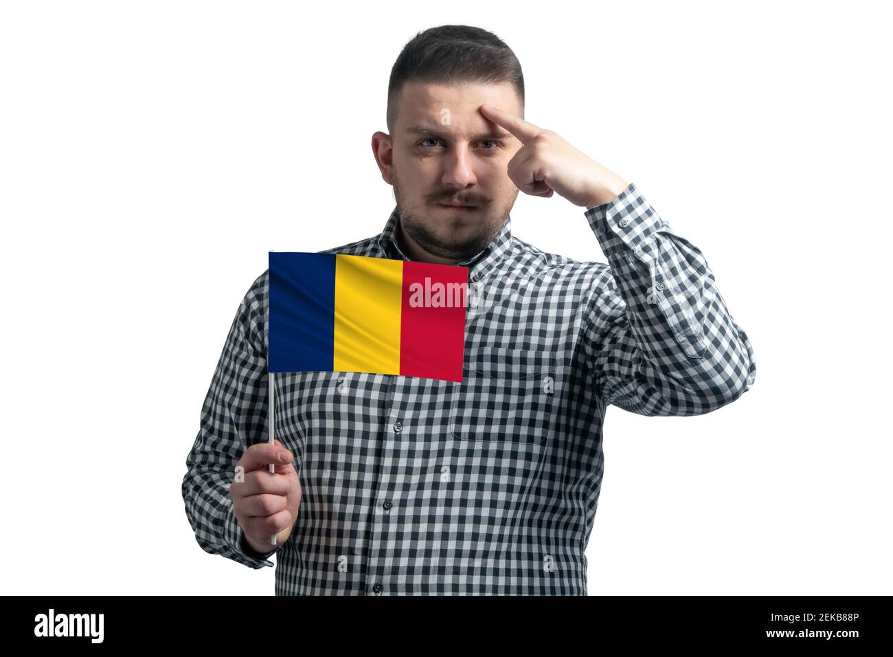 White guy holding a flag of Chad and a finger touches the temple on the ...