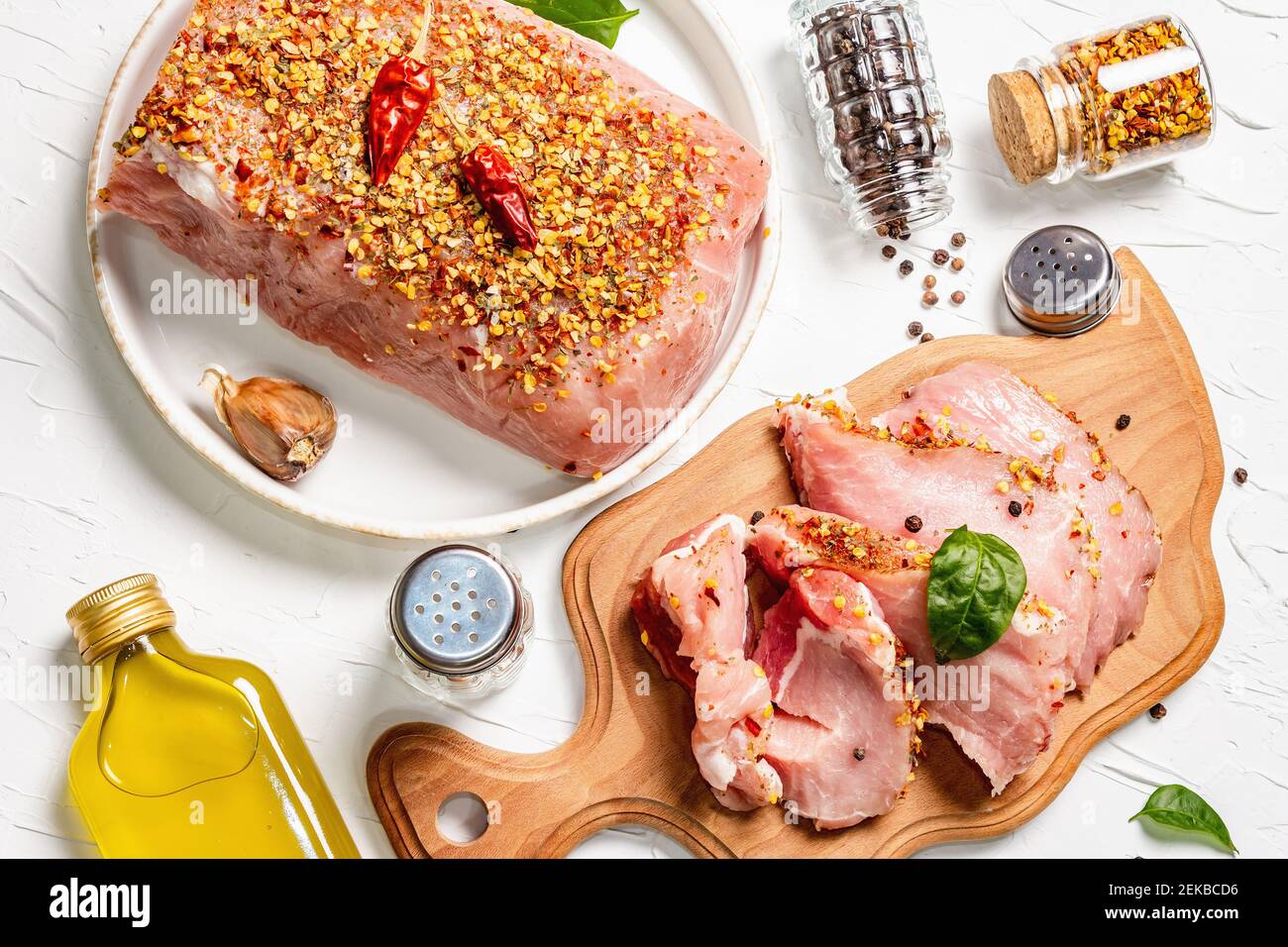 Assorted raw organic meat. Pork fillet and steaks for grilling, baking ...