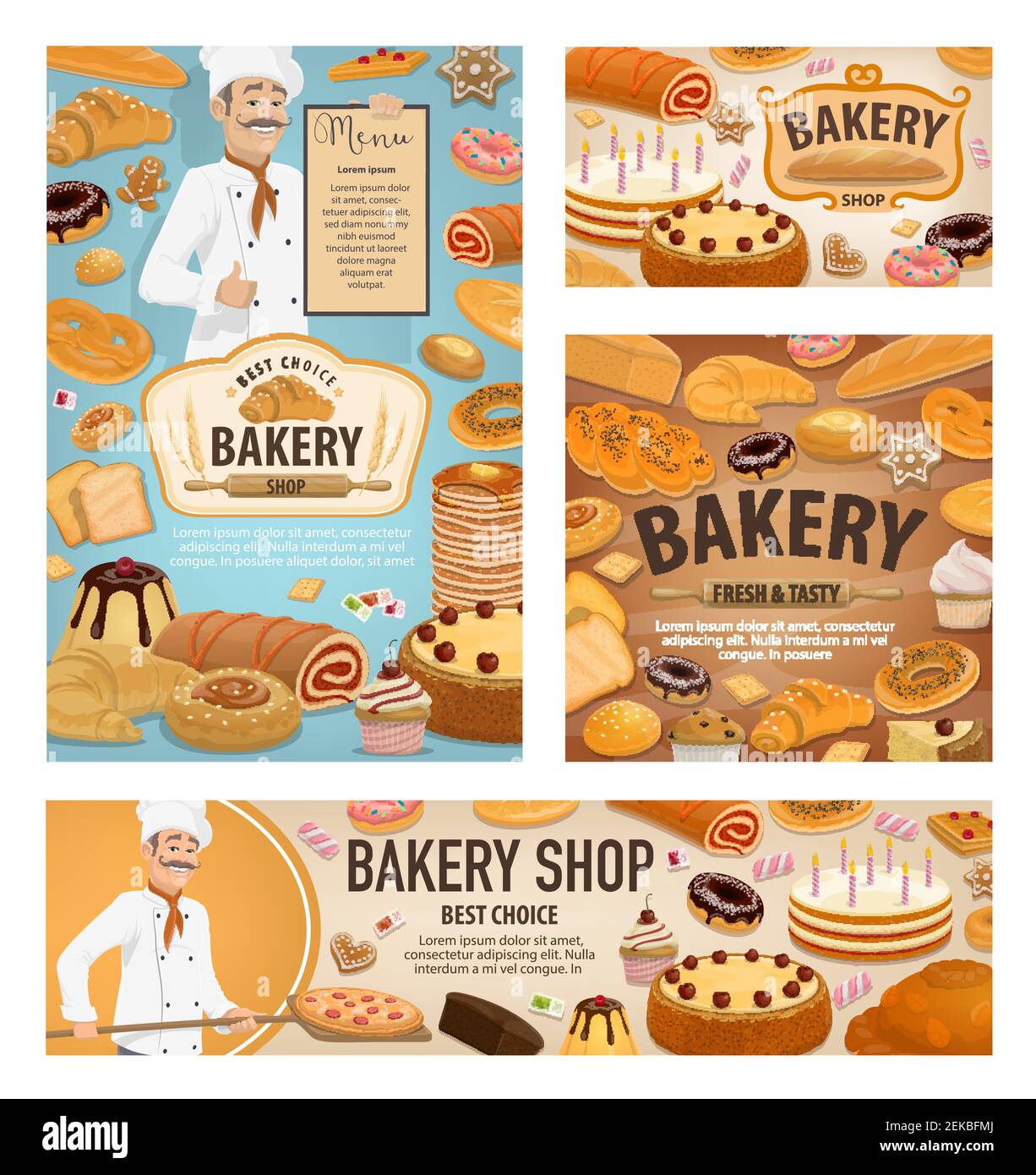 Bakery shop bread, dessert cakes and pastry cookies. Vector bakery ...