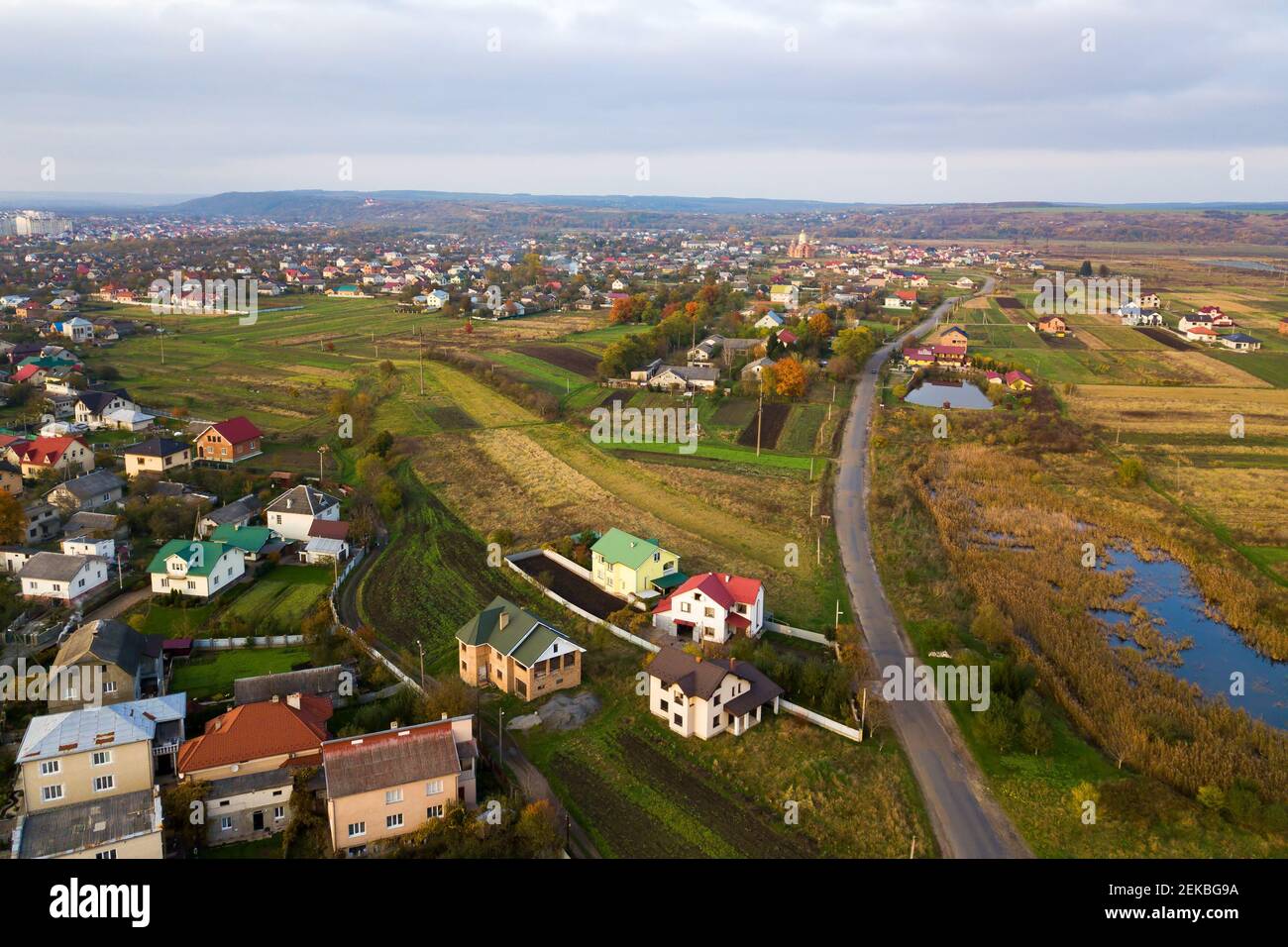 Flying over village residential neighbourhood hi-res stock photography ...