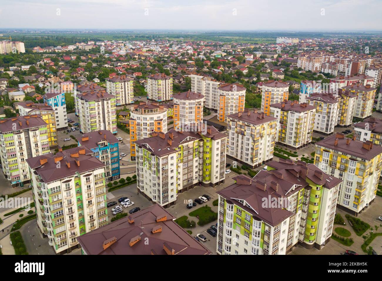 Aerial view of city residential area with high apartment buildings ...