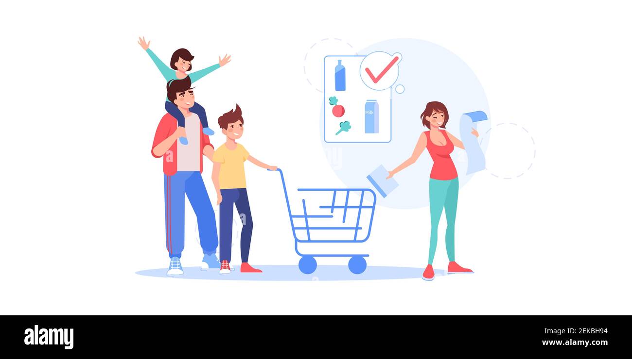 Flat cartoon family characters buy goods with grocery shopping list ...