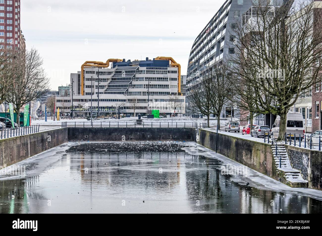 Rotterdam, The Netherlands, February 14, 2021: snow and ice on and ...