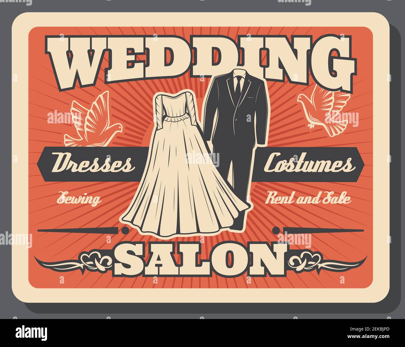 Wedding salon vintage poster, bride wedding dress and bridegroom ...