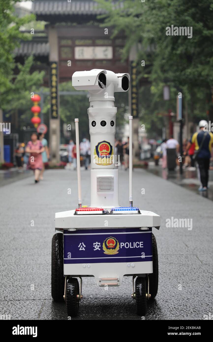 NANJING, CHINA - JULY 30, 2020 - A 5g patrol robot patrols the ...