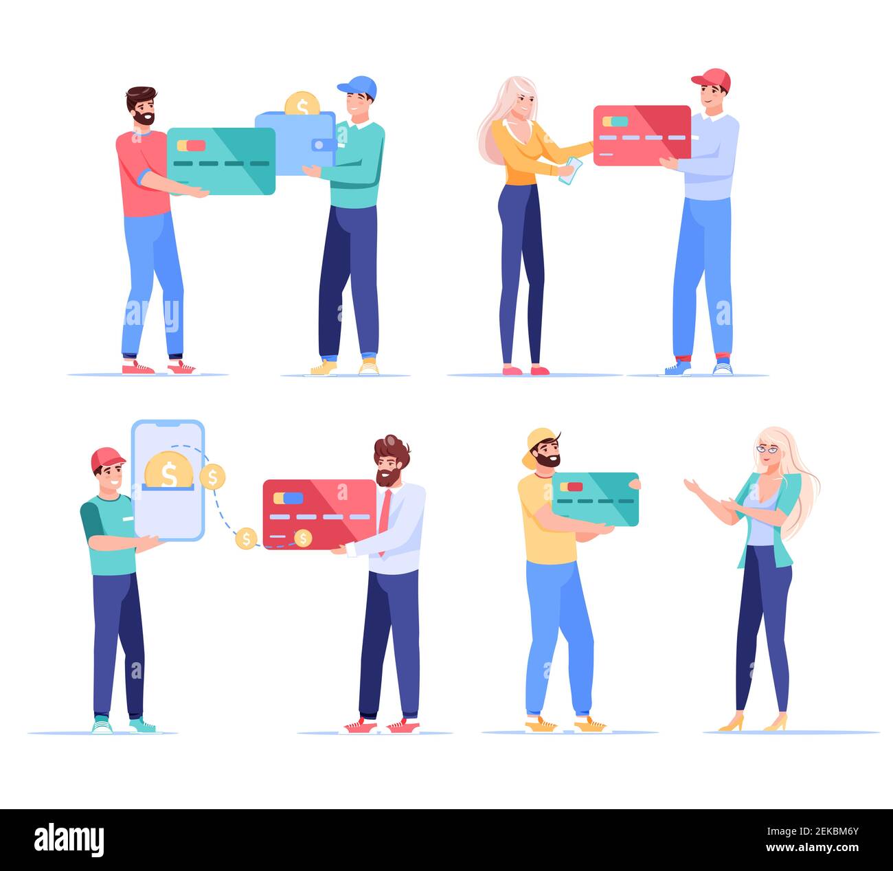 Flat cartoon characters interacts with credit cards,vector illustration ...