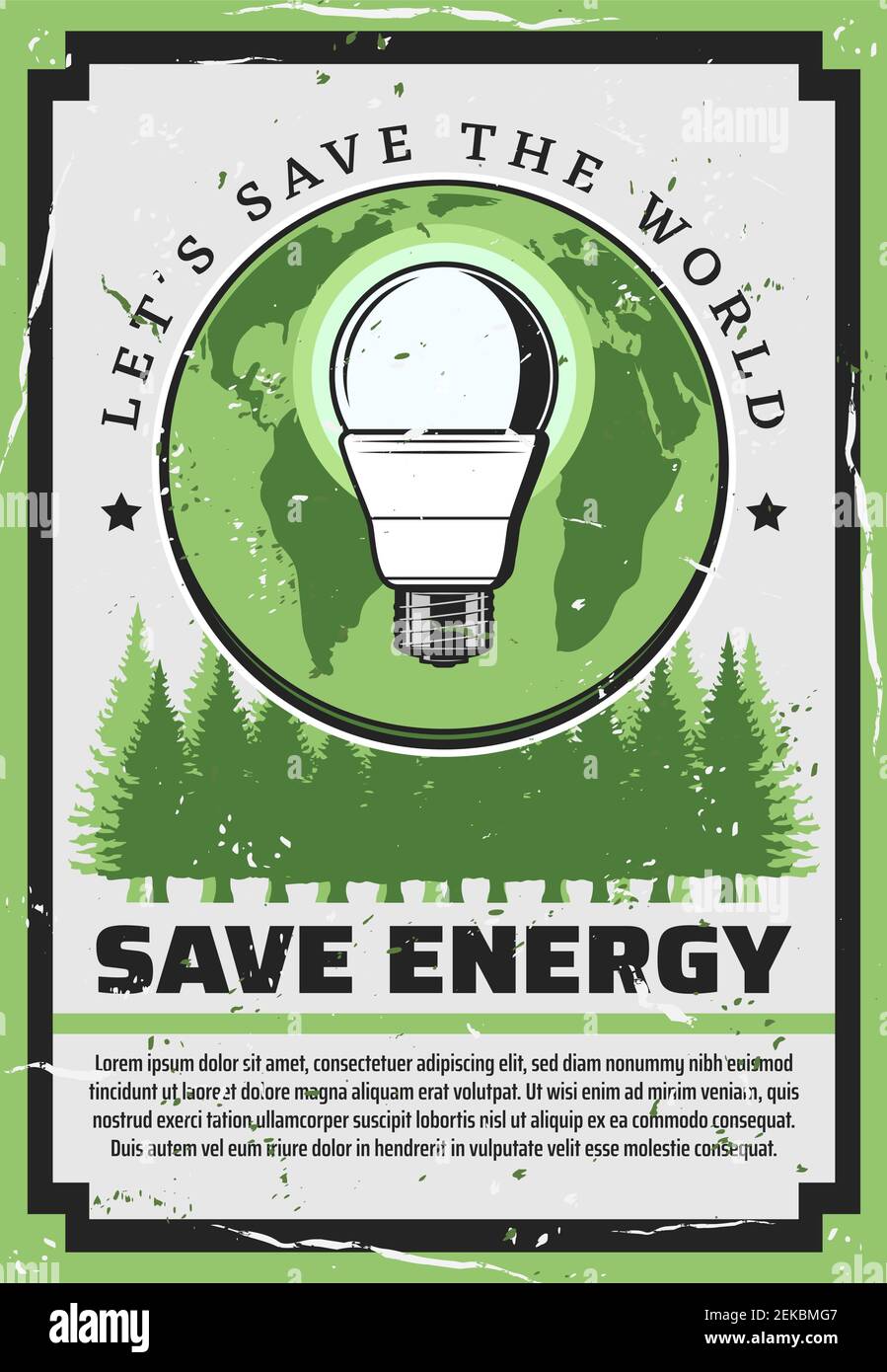 Save energy eco concept retro poster of ecology and environment protection vector design. Green ...